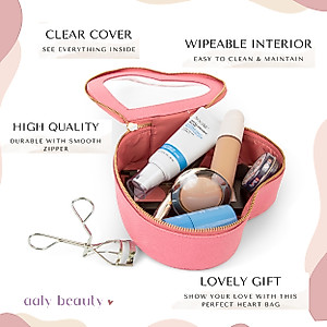 Aaly Beauty Heart Makeup Bag – Pink Heart Shaped Cosmetic Organizer with Clear Cover – Large Capacity for Full Size Makeup – Fits Daily Essential Skincare, Makeup and Brushes