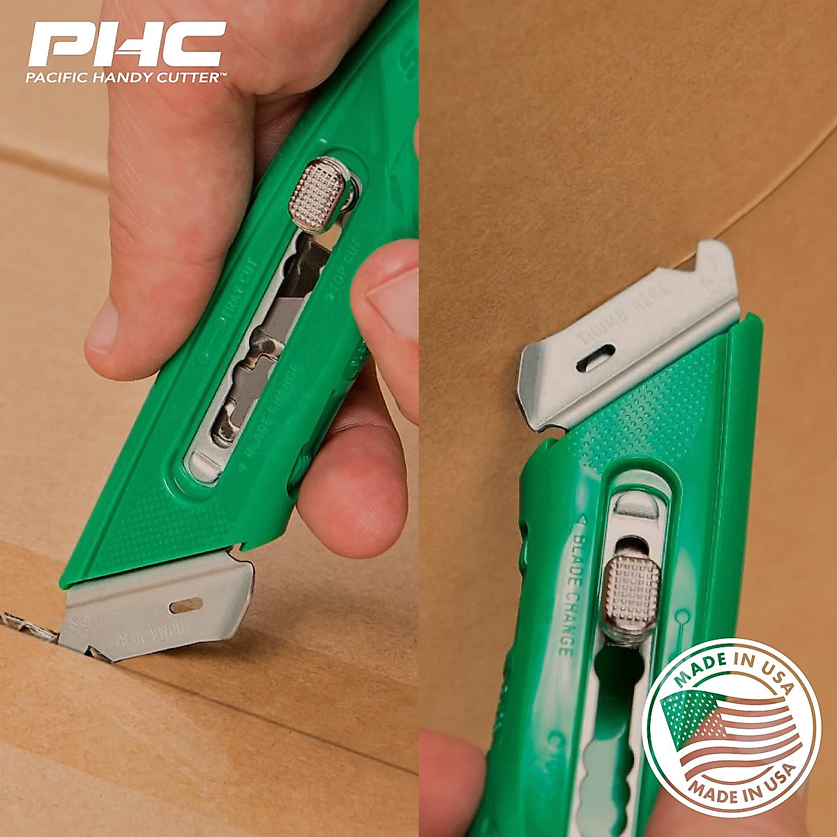 Pacific Handy Cutter S4R Safety Cutter, Retractable Utility Knife with an Ergonomical Design, Bladeless Tape Splitter, Steel Guard for Safety and Damage Protection, for Warehouse and In-Store Cutting , Green