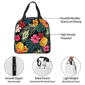 Fiokroo Lunch Bag Insulated Palm Leaves Hibiscus Flowers Lunch Box Tropical Pineapples Fruit Reusable Lunch Tote Bag For School Work College Outdoor Travel Picnic, 6l