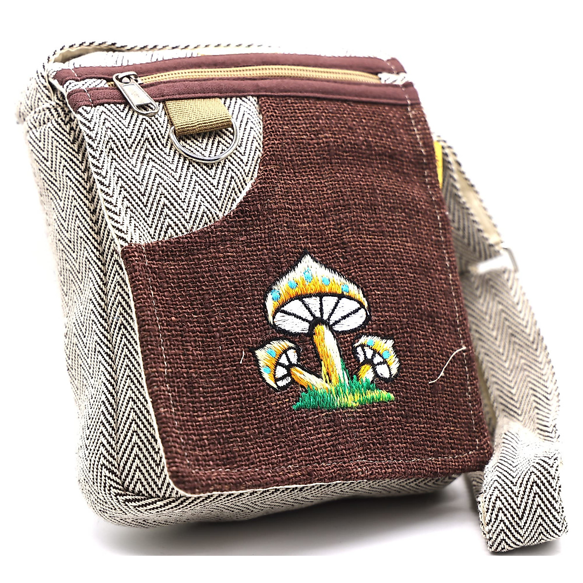 Himalaya Handmade Unique design Mushroom Embroidery Hemp Hobo Passport crossbody bag Festival Travel Bag 100% Himalaya Hemp FAIR TRADE Brown