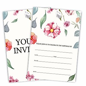 JCVUK Floral & Greenery Birthday Invitation Cards, 20 Watercolor Invites With Envelopes, Double-sided Fill In Style Invitations, Birthday Party Favor, Decorations And Supplies - 06