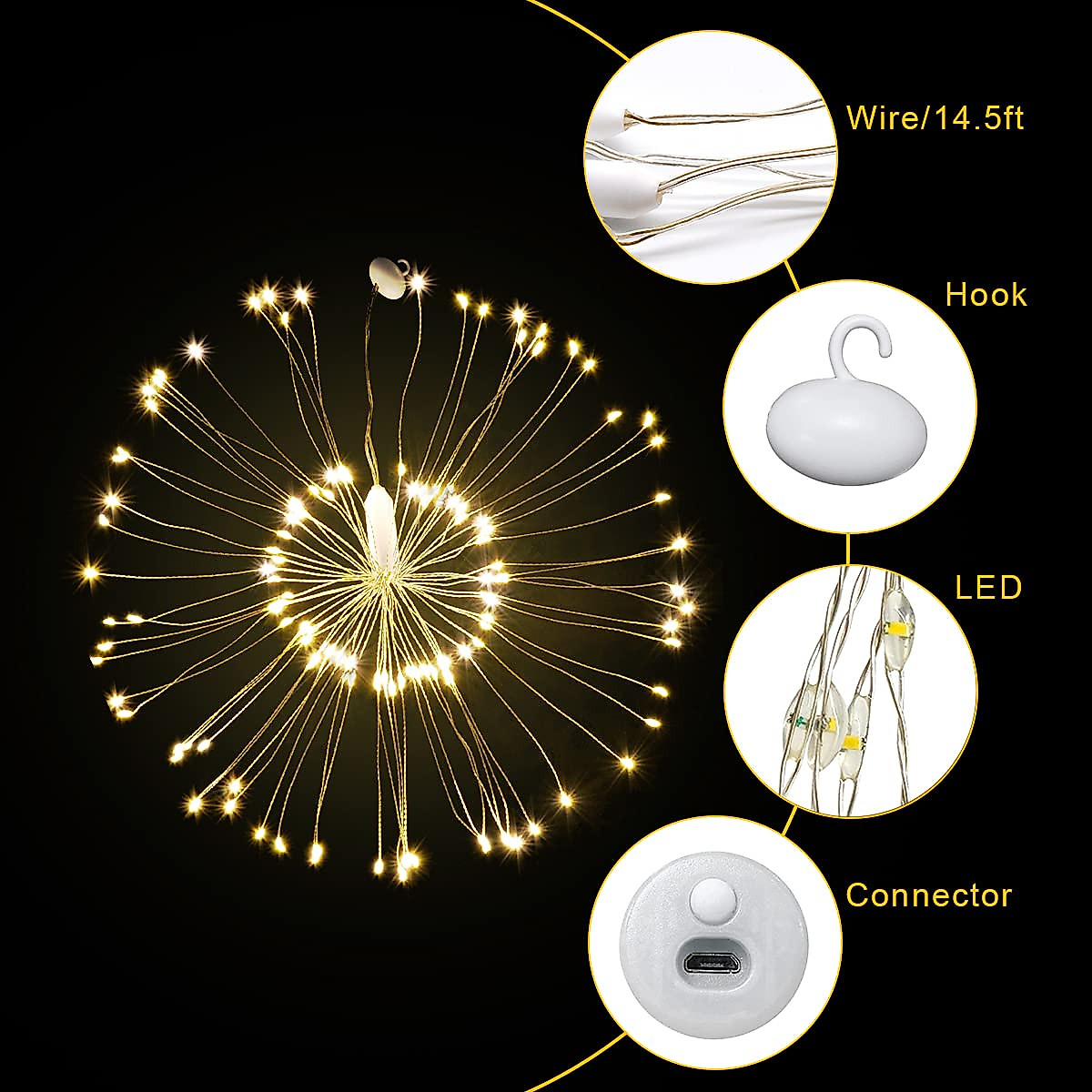 Firework Lights, 4 Pack 120 LED Copper Wire Starburst String Lights with 8 Modes Remote Waterproof Hanging Fairy Decorative Lights for Wedding Party Christmas Garden Patio Home Decoration(Warm White)