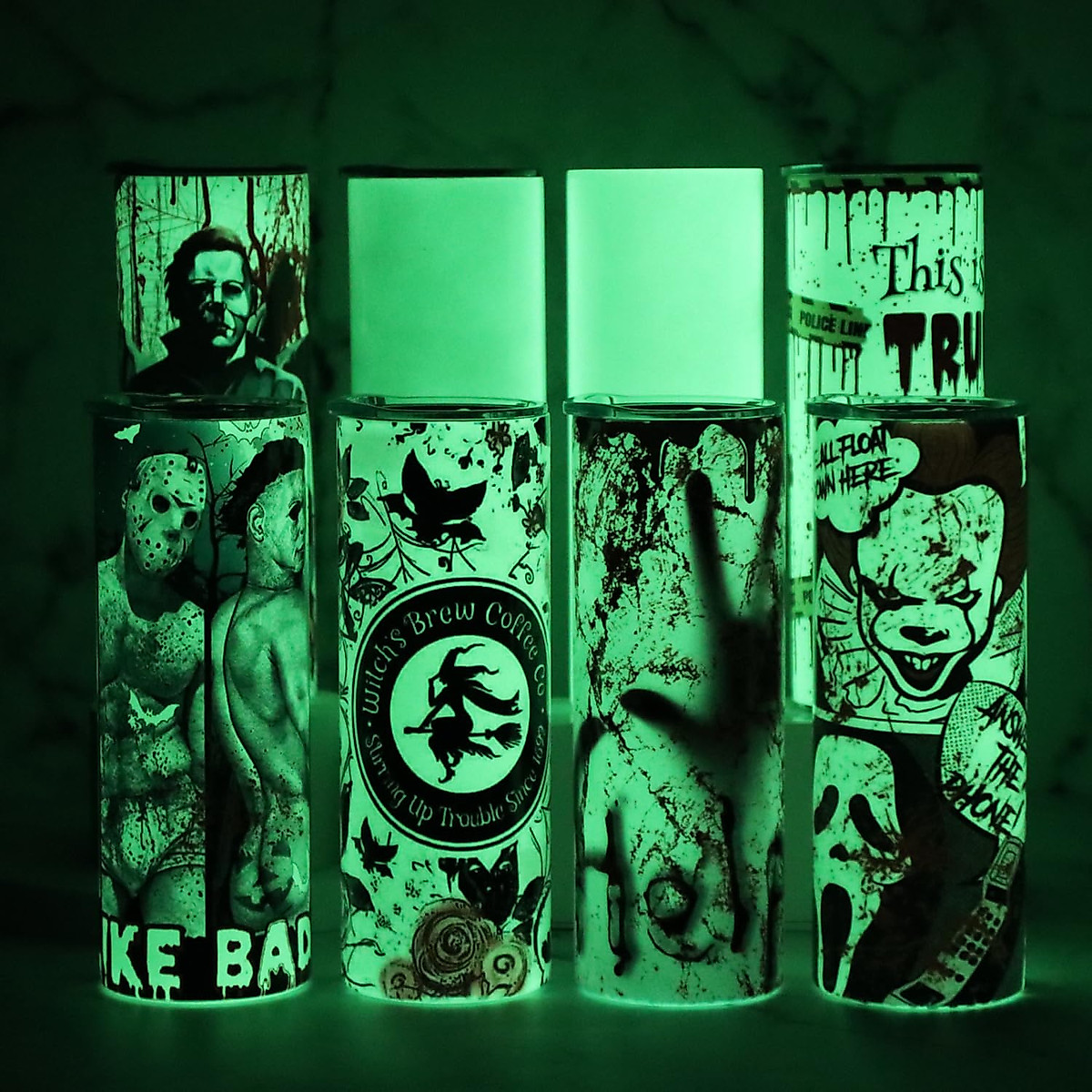 Tswofia 8 Pack Glow in the Dark Sublimation Tumblers 20 Oz Skinny Straight, Sublimation Blanks Tumbler Bulk Glow in the Dark, with Shrink Wrap Film Lid Straw Set, Individually Boxed