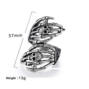 HIJONES Unisex Stainless Steel Gothic Punk Double Skull Skeleton Claws Ring Silver Size 8