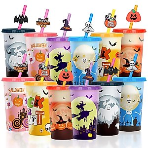 Jansun 12pcs Halloween Color Changing Cups with Lids and Straws 12Oz Reusable Plastic Cups for Party Decorations Halloween Cups for Halloween Party Favors Supplies