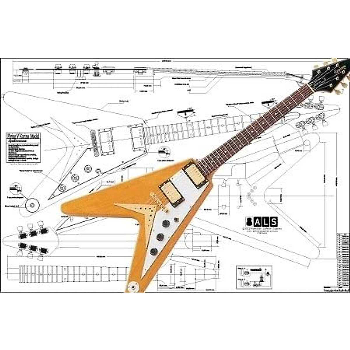 Plan of Flying V Korina Electric Guitar - Full Scale Print by ALS