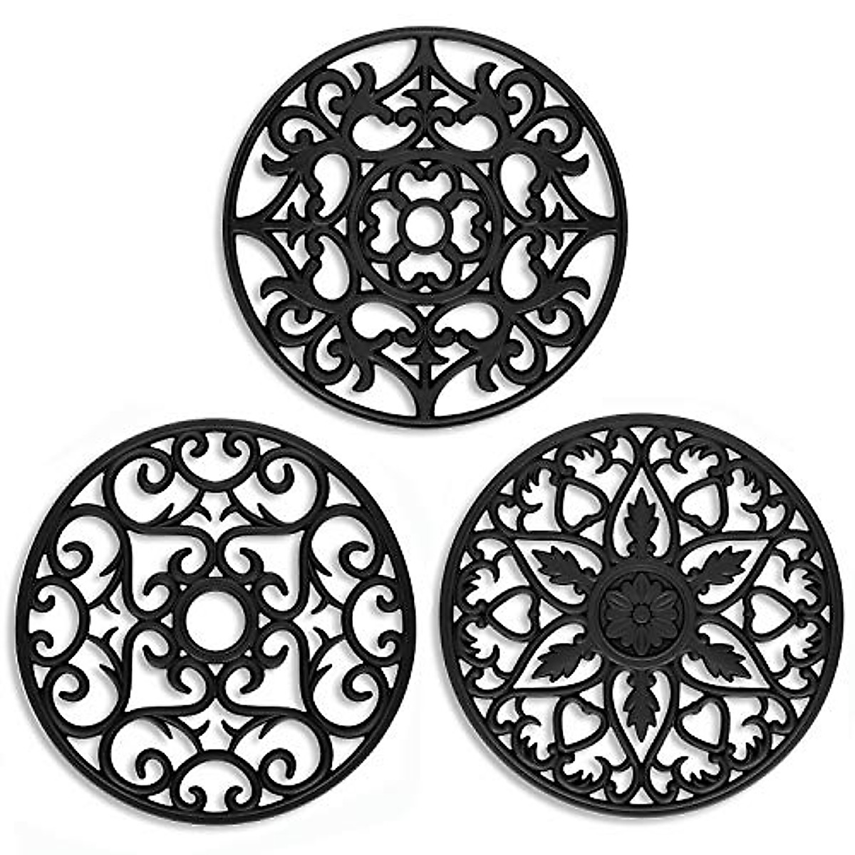 Silicone Trivet ME.FAN 3 Set Silicone Trivet Mat - Multi-Use Intricately Carved Insulated Flexible Durable Non Slip Coasters (Black)