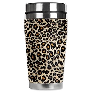 Mugzie Small Leopard Spots Travel Mug with Insulated Wetsuit Cover, 16 oz, Black