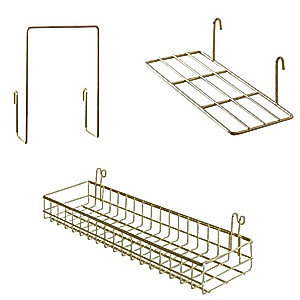FRIADE Gold Grid Basket with Hooks,Bookshelf,Display Shelf for Wall Grid Panel,Wall Mount Organizer and Storage Shelf Rack for Home Supplies,1 Set of 3 (Gold)