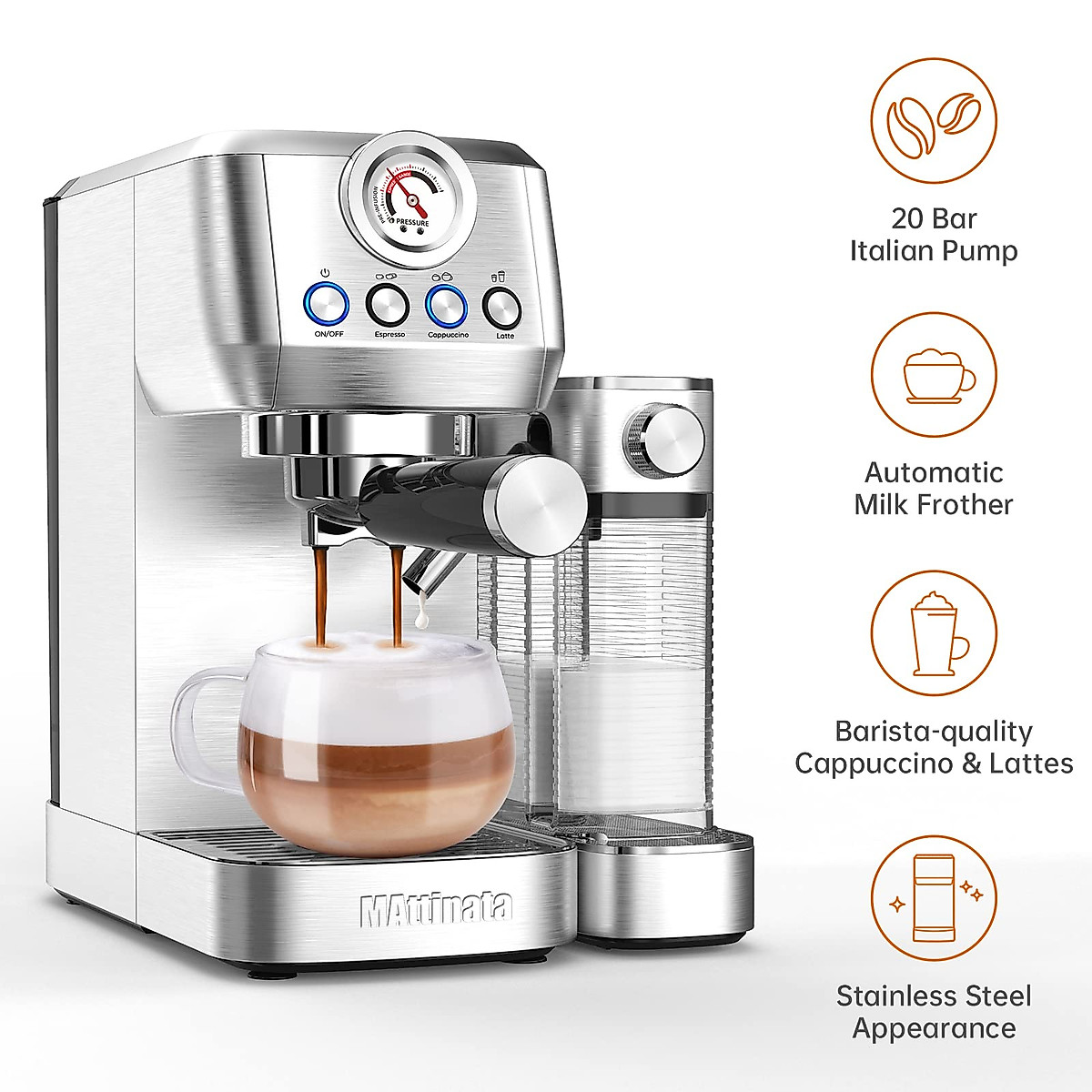 Cappuccino Machine and Espresso Machine, 20 Bar Stainless Steel Latte Maker for Home with Automatic Milk Frothing System, Valentines Day Gifts for Him/Her