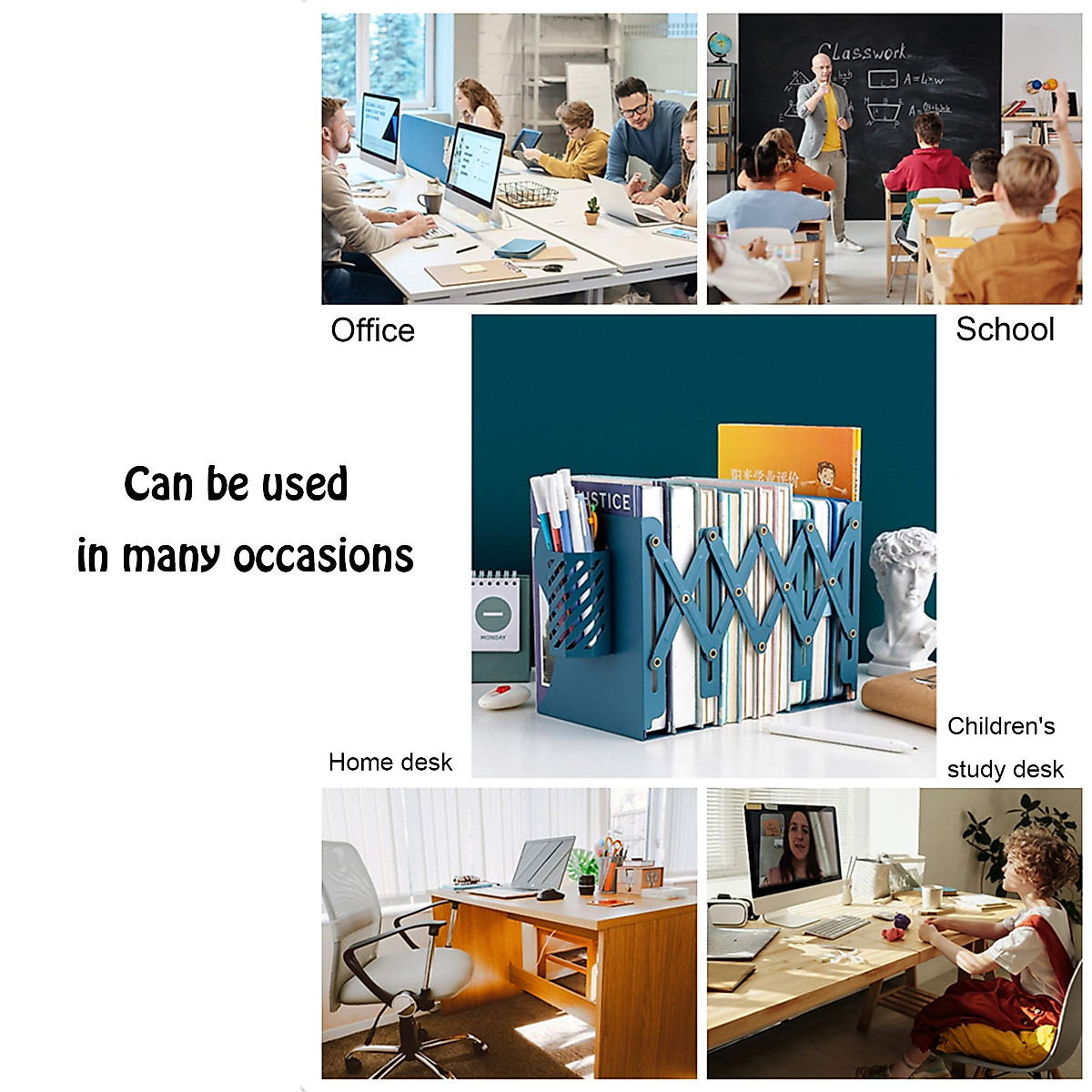 Simplesun Expandable Bookends, Metal Adjustable Book Ends for Heavy Books, Book Shelf Organizer Holder for Desk, Office Home School Kid Student Book Stroage (Blue)