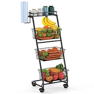 Auledio 4-Tier Fruit Vegetables Basket Bowl Rolling Storage Cart With Banana Hanger Paper Towels Holder , Black