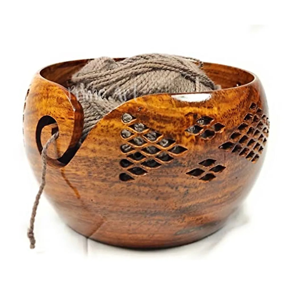 Prime Art Handmade Premium Quality Rosewood Wooden Yarn Bowl for Knitting and Crochet - Ideal for Gifting (7x4)