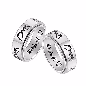 QINGDUO Weirdo #1&Weirdo #2 2Pcs Set of Matching Pinky Promise Pinky Swear Rings for Couples High Polish Stainless Steel Meditation Spinner Fidget Engagement Wedding Band Gift,Silver