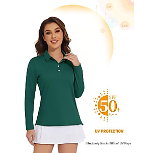 MAGCOMSEN Women's Swim Shirt Long Sleeve Polo Tees Shirts UPF 50+ UV Protection Athletic Shirts V-Neck Golf Polo Emerald Green,M