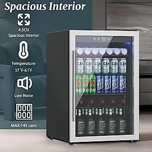DOGHLY 4.5 Cu.ft Beverage Refrigerator Cooler, 145 Can Mini Fridge with Glass Door, Digital Temperature Display for Soda, Beer or Wine For Office or Bar with Adjustable Removable Shelves