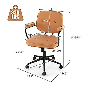 Giantex Mid Century Leather Office Chair Orange, Height Adjustable Desk Chair with Rocking Backrest & Padded Armrest, Upholstered Swivel Leisure Task Chair, Modern Rolling Chair for Home Office