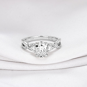 DovEggs Solid 14K White Gold 1.5ct Center 6X8mm G-H-I Color Elongated Oval Ice Crush Cut Moissanite Split Shank Engagement Ring with Accents for Women Band Width 2.1mm, white gold, Moissanite