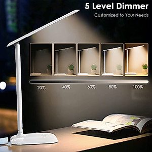 RensanR LED Desk Lamp, Desk Light with USB Charging Port, 3 Color Modes, 5 Brightness Level, Dimmable Table Lamp Reading Lamp, Sensitive Control,Eye-Caring Office Lamp