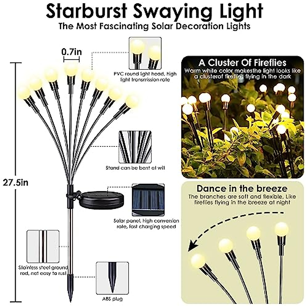 BOSSERN 2023 Solar Garden Lights, 6 Pack Solar Firefly Lights, Solar Christmas Lights Outdoor Waterproof, Solar Twinkle Swaying Fairy Light for Pathway Yard Garden Christmas Decoration (Warm White)