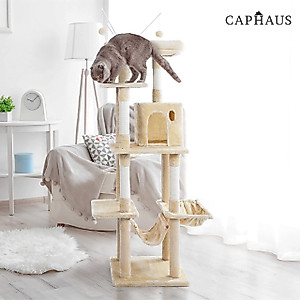 CAPHAUS 70-Inch Activity Tree with Hammock, Multi-Level Modern Cat Climbing Play Tower w Tall Top Perch, Cat Cave Condo, Indoor Cat Treew Cute Scratching Posts for Large Cats Kittens