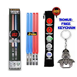 Lightsaber Chopsticks Light Up Star Wars LED Reusable Red & Blue 2 PAIRS FREE Darth Vader Keychain Bottle Opener