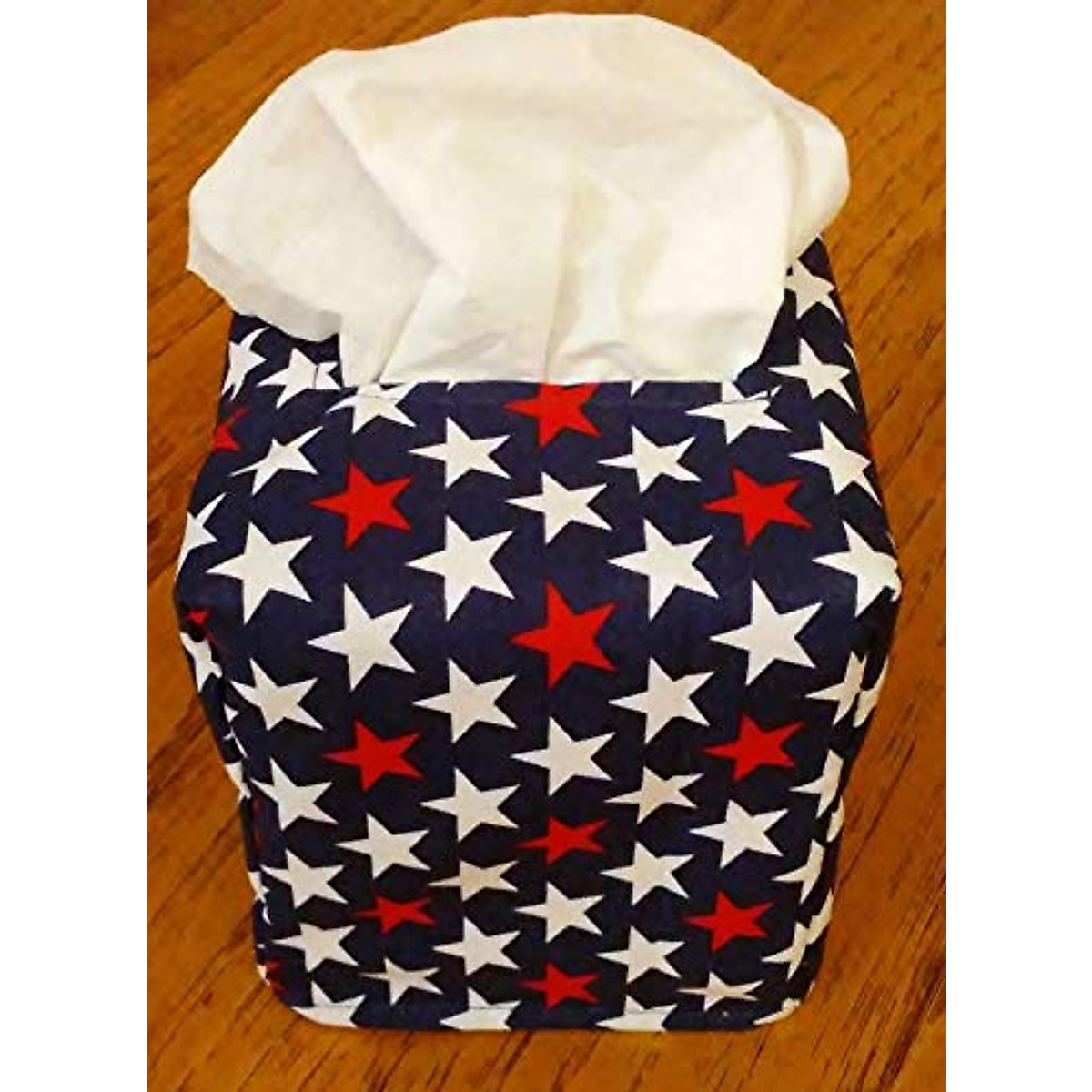 Tissue Box Cover, Square, Handmade Bold Stars - Red and White Stars on Blue Fabric Tissue Box Cover