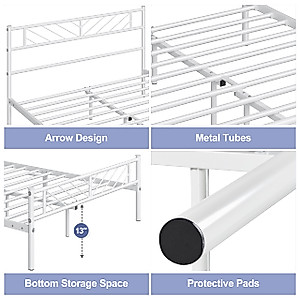Yaheetech Full Size Platform Bed Frame with Arrow Design Headboard, 13 Inches Metal Mattress Foundation for Storage, No Box Spring Needed, Easy Assembly, Modern, White