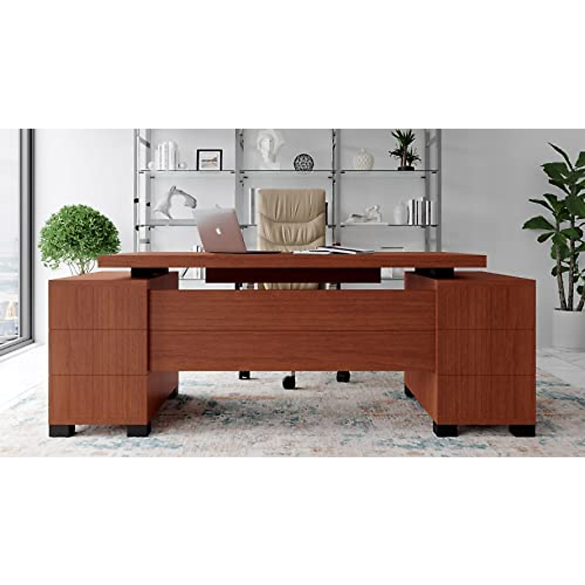 Zuri Furniture 79" Modern Ford Executive Desk with Filing Cabinets - Light Wood