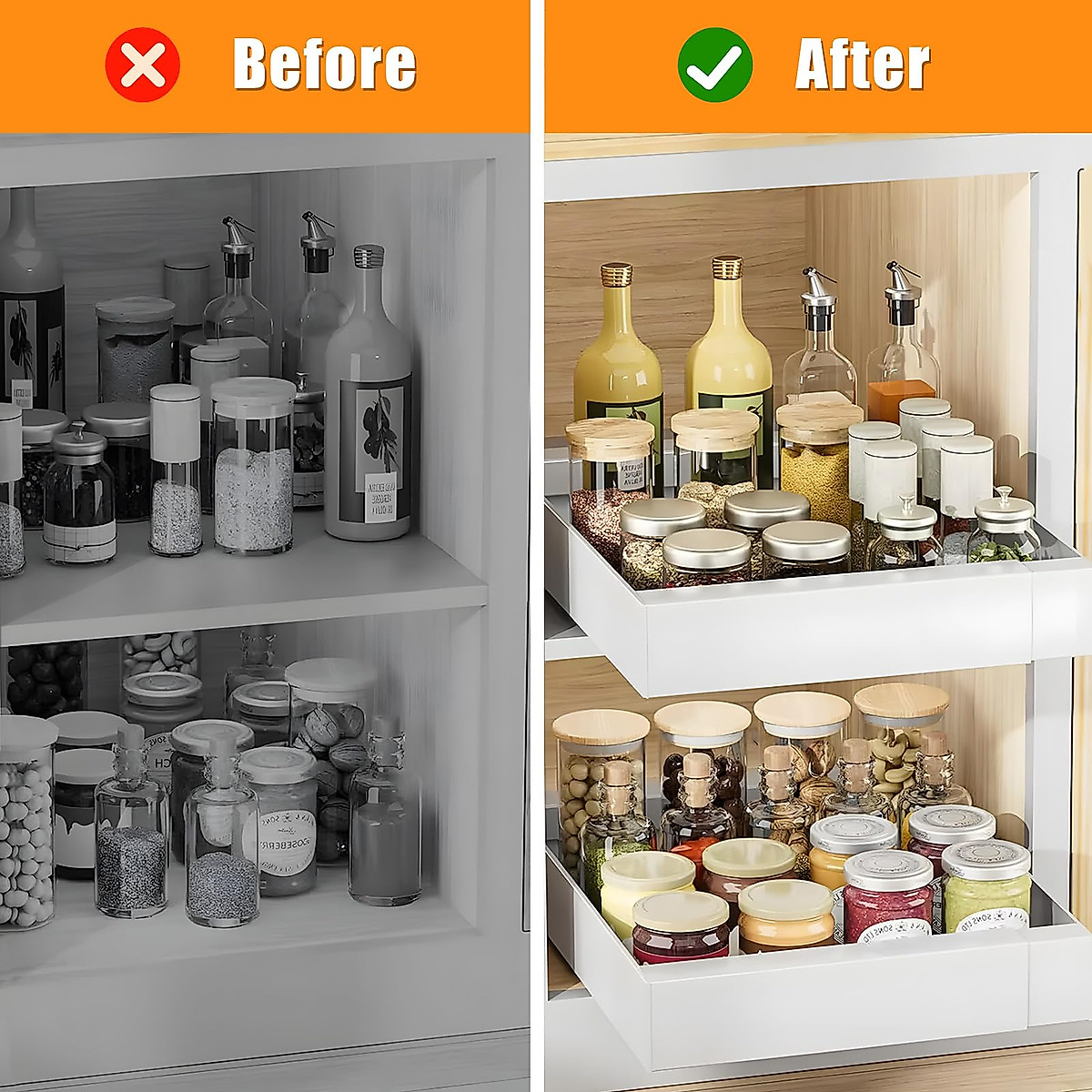 Pull Out Cabinet Organizer, Expandable(12.4"-20.5") Pull Out Drawers for Cabinets Slide Out Drawers for Kitchen Cabinets with Adhesive Nano Film Mounting Adjustable for Kitchen, Pantry (White)