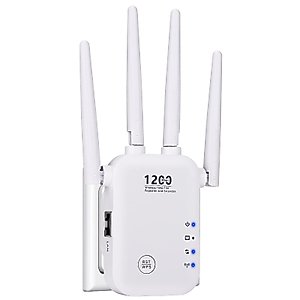 OOXOO WiFi Range Extender 1200Mbps WiFi Repeater Wireless Signal Booster, 2.4GHz and 5GHz Network, Full Coverage No Blind Spots, with Integrated Antenna LAN Port and Compact Internet Booster.