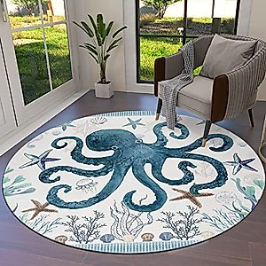 Ocean Octopus Round Area Rugs 5ft - Soft Area Rug for Kids Room, Blue Summer Beach Nautical Coastal Starfish Coral Machine Washable Living Room Circle Rugs, Non-Shedding Bedroom Carpet Floor Mat
