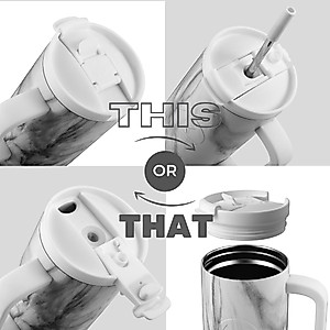 Thermosis 40 oz Tumbler with Handle and Straw | Leakproof Tumbler with Straw Insulated Travel Mug Fits Cupholders | Insulated Cup 40 oz Water Bottle with Straw Stainless Steel Tumbler - White Marble