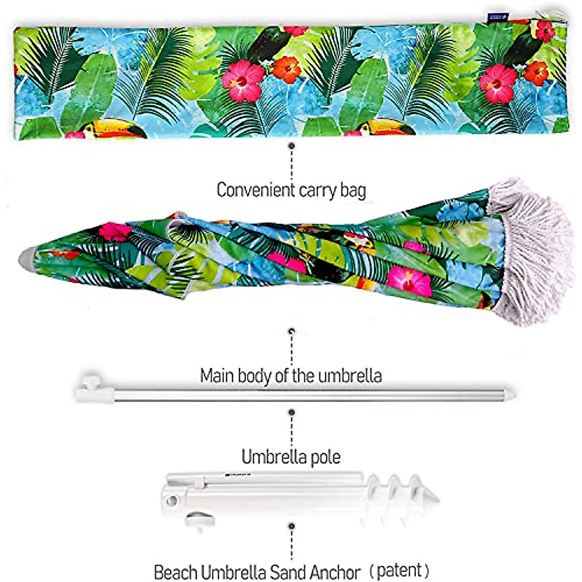 AMMSUN 6.5ft Heavy Duty HIGH Wind fringe Beach Umbrella with sand anchor & Tilt Sun Shelter , UV 50+ Sun Protection Outdoor Sunshade Umbrella with Carry Bag for Patio Garden Beach Pool Backyard Sports Multicolor Green