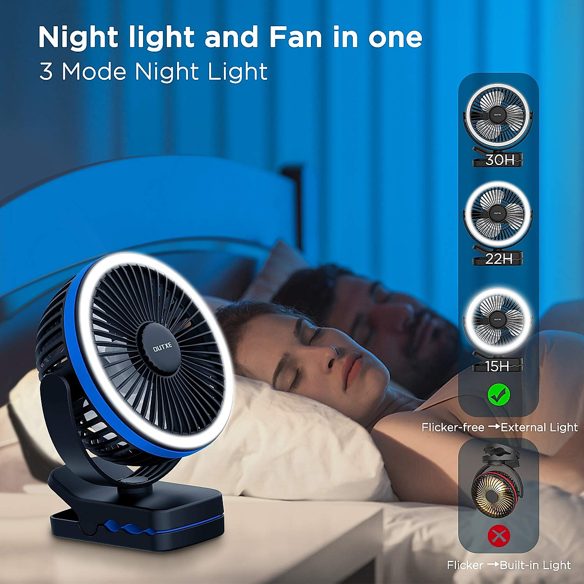 OUTXE 6700mAh Rechargeable Clip on Fan with Light, Battery Operated Clip Fan with Hanging Hook, 4 Speeds Portable Desk fan for Treadmill, Golf Cart, Bed, Car Seat, Baby Stroller - Blue