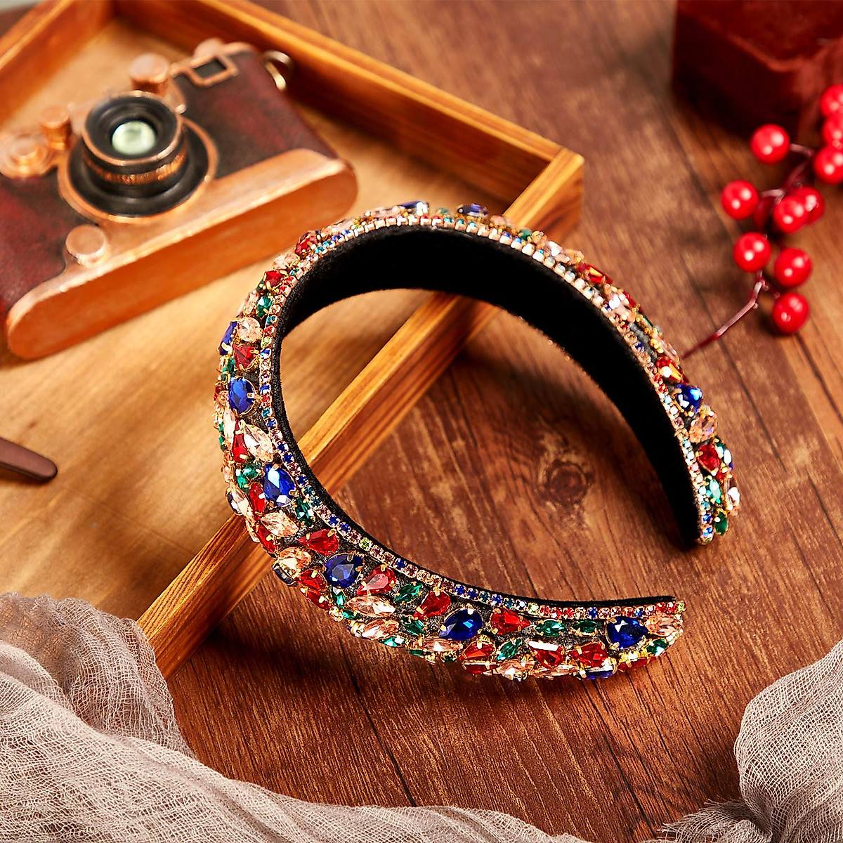 Velvet Padded Crystal Rhinestone Headband Crystal Embellished Hair Hoop Retro Jewelled Hairband Hair Accessory for Women Girl Wedding Parties Ceremonies Birthday Banquet