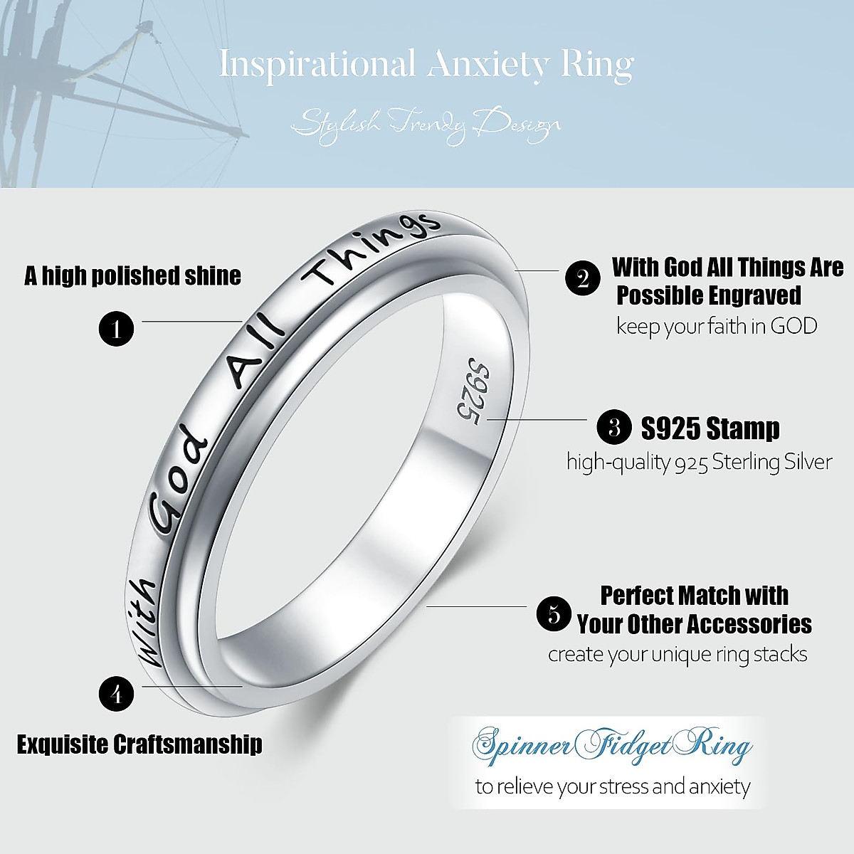 Ladytree Christian S925 Sterling Silver Spinner Ring for Anxiety Inspirational Ring Fidget Worry Relieving Boredom ADHD Autism Band for Women Size 6