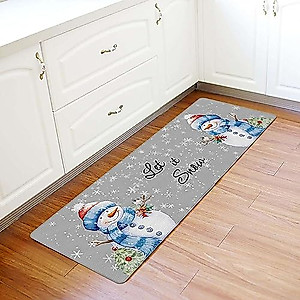 Grey Snowman Antifatigue Kitchen Bath Door Mat Cushioned Runner Rug,Washable Welcome Floor Sink Mat,Waterproof Non-Slip Comfort Standing Doormat,Christmas Winter Snowflake Bird Berry 18"x30"
