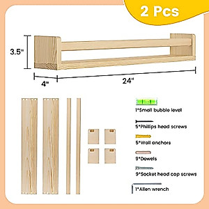 Fun Memories Nursery Book Shelves Set of 2 - Rustic Natural Solid Wood Floating Bookshelf for Kids - Wall Book Shelves Kitchen Spice Rack for Kids Room, Home Decor - Natural Wood - 24 Inch