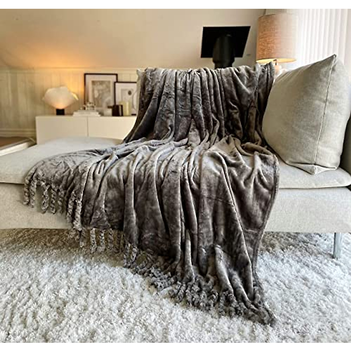 ODDS & ENDS HOME Warm & Supercozy Throw Blanket for Sofa - Large Silky - 60 X 90 Thick Flannel Fleece Boho | Grey Blankets & Throws for Sofa/Bed | Decorative Tassel Blanket All Season