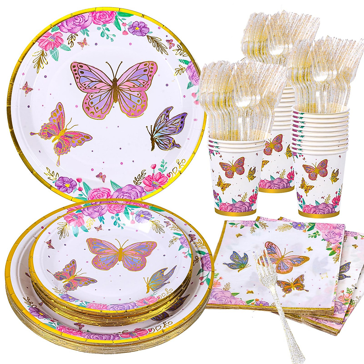 Decodinli Butterfly Party Supplies, Butterfly Birthday Party Decorations, Butterflies Plates and Napkins, Butterfly Fairy Themed Birthday Party, Baby shower Plates, Cups and Tableware Set Serves 20