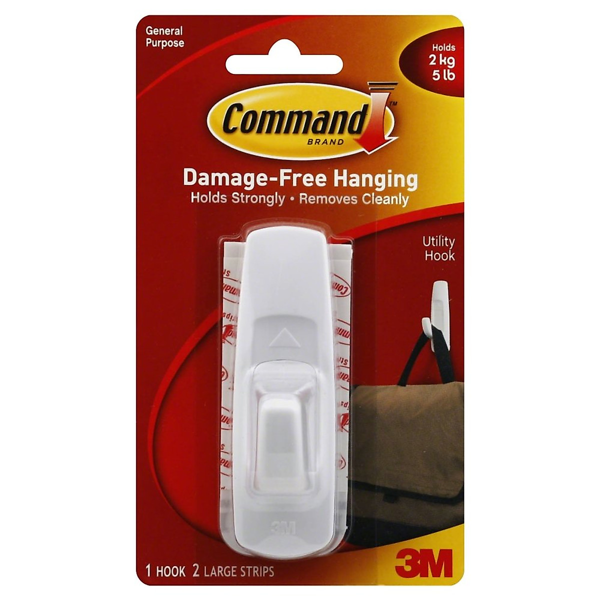 3M : Scotch Command Removable Adhesive Utility Hook, 5-lb Capacity, Plastic, White -:- Sold as 2 Packs of - 1 - / - Total of 2 Each