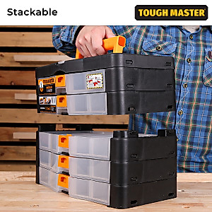 TOUGH MASTER TM-UPT-2071 Stackable 5 Drawer Organiser Storage Case with Comfortable Carry Handle for Small Household Bits, DIY Accessories and General Items, Black, Medium
