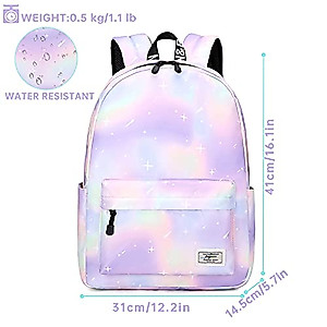Lohol Galaxy School Backpack with Lunch Box, Lightweight BookBag Set for Girls Kids （Purple&Green）