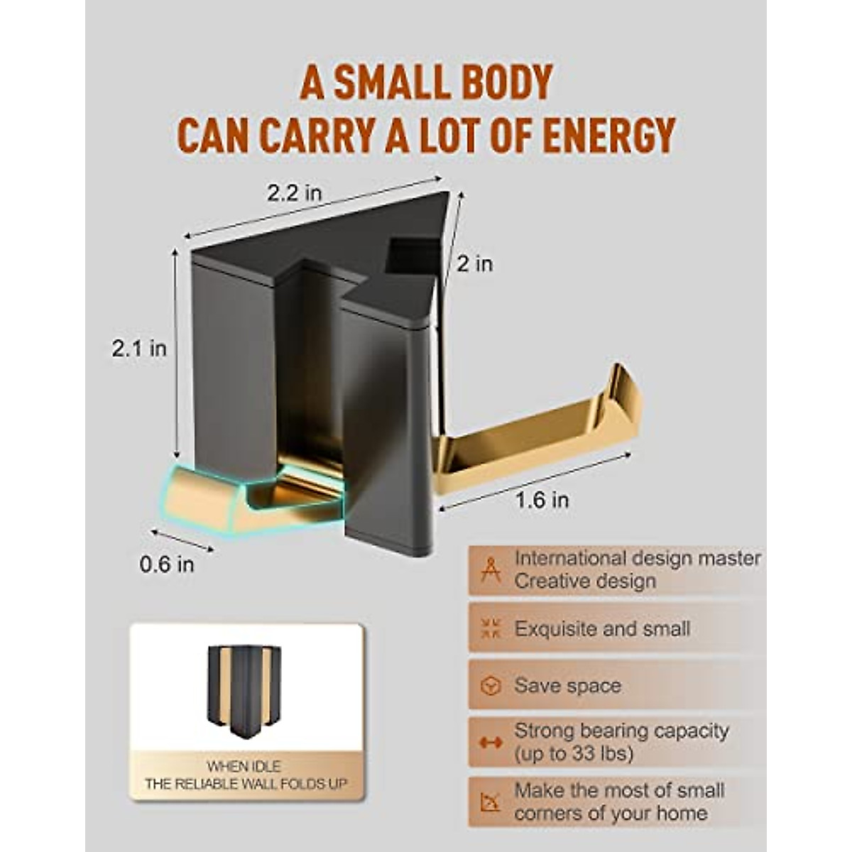 MrsJeggy 2 Pack Waterproof Black Gold Wall Hooks，Foldable Bathroom Hooks for Towels，Bathroom Towel Hooks，Branch Hooks，Adhesive Towel Hooks，Towel Hanger Wall Mounted，Bath Robe Holder for Home，Office