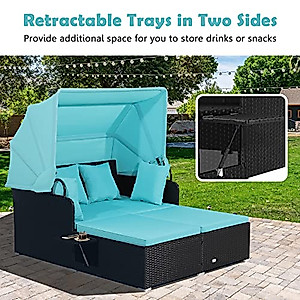 Tangkula Patio Rattan Daybed, Patiojoy Wicker Daybed Lounger w/Retractable Canopy, 2 Foldable Side Panels, Thick Seat & Back Cushions, Double Conversation Bed for Garden, Backyard, Porc (Turquoise)