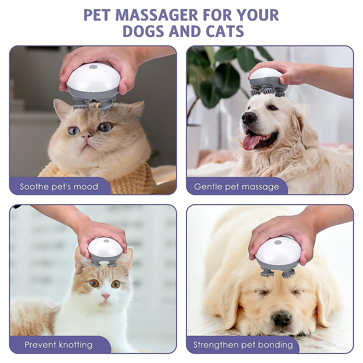 JXTZ Handheld Pet Massager for Dogs and Cats, Portable Electric Cat and Dog Massage Tool with 4 Massage Heads, 3 Speeds, Electric Pet Massager Head and Back Scratcher for Tight Muscles and Stiffness