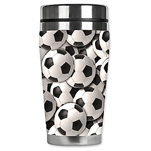 Mugzie Soccer Balls Travel Mug with Insulated Wetsuit Cover, 16 oz, Black
