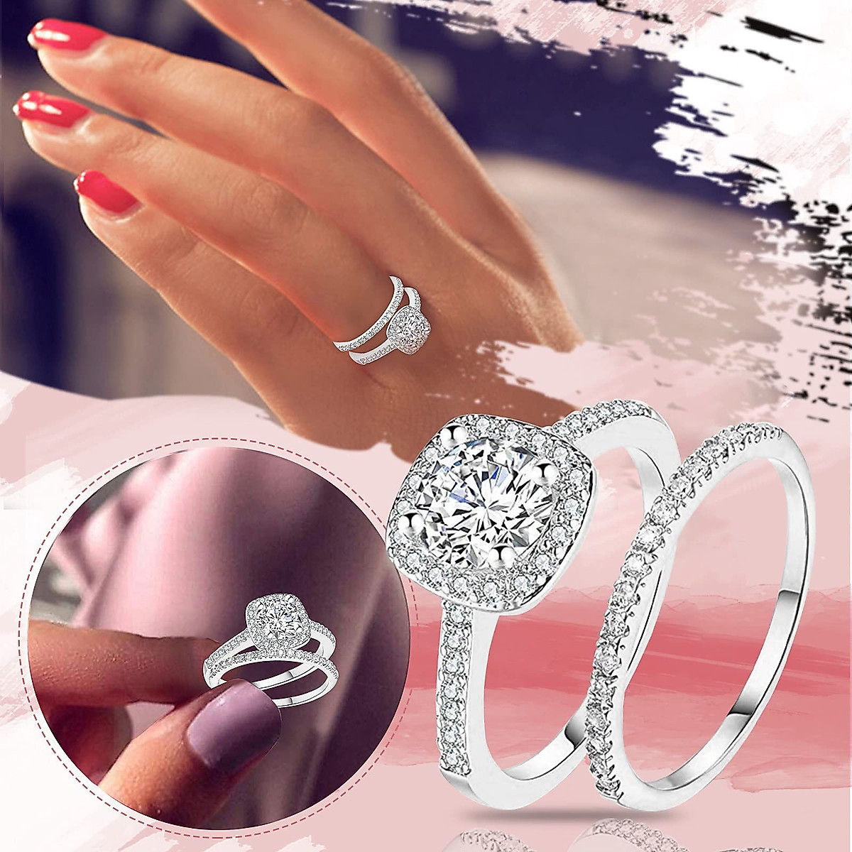 Engagement Rings Wedding Bands Stacking Women Engagement Wedding 2Pcs Set Cubic Zirconia 925 Sterling Silver Rings Size 6-10 for Women/Girl Finger Rings DIY Jewelry Gifts (Silver, 11)