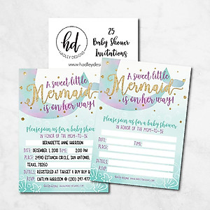 25 Mermaid Baby Shower Invitations, Sprinkle Invite for Girl, Under The Sea Nautical On Her Way, Cute Gold Printed Fill or Write in Blank Printable Card, Unique Modern Coed Twin Party Paper Supplies